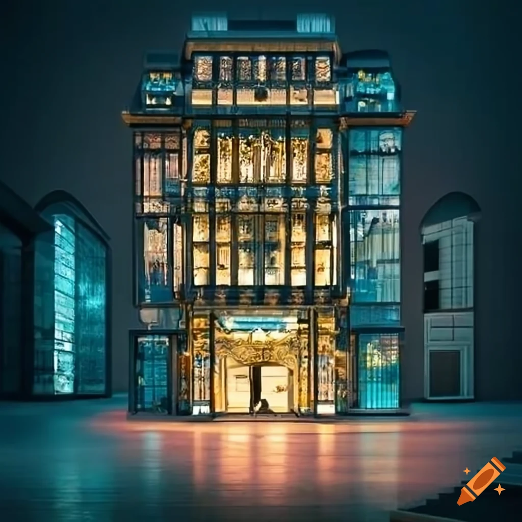 Interior view of a modern three-story jewelry store with a living room ...