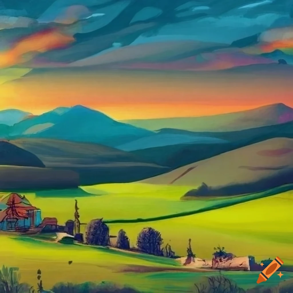 Picturesque hippie commune surrounded by fields and rolling hills at dawn