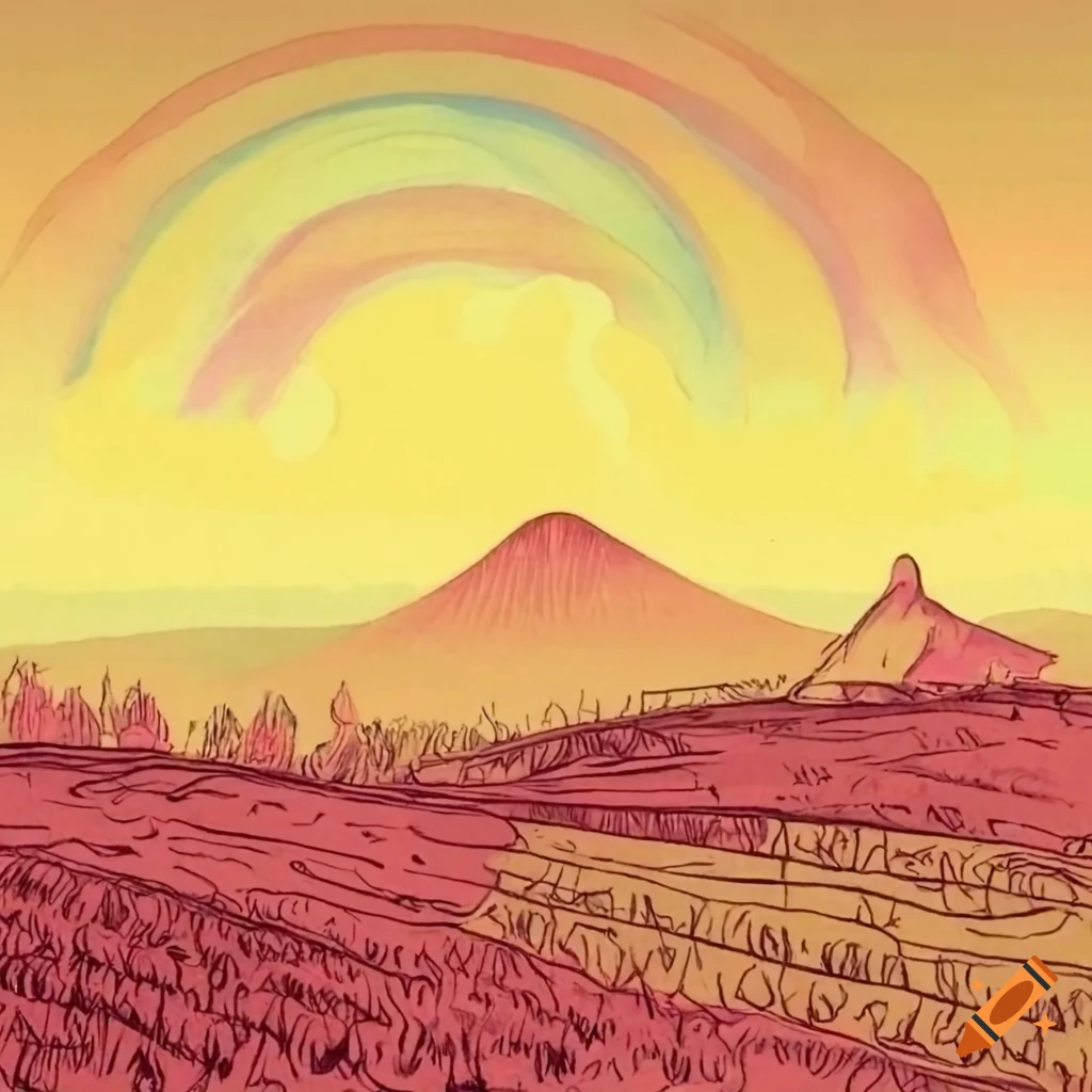 Art nouveau drawing of pink farm fields with tall hills at daybreak on ...