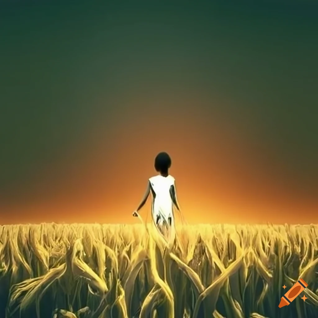 Human-like aliens with light emitting behind them in an open corn field