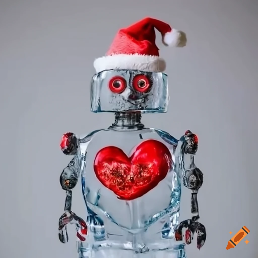 Robot ice sculpture with a santa hat heart