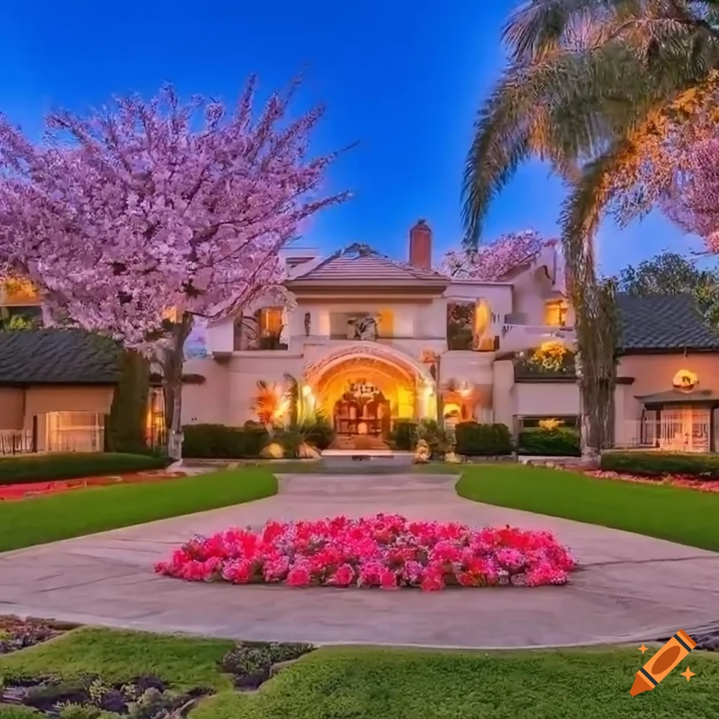 Gorgeous california mansion with cherry blossom trees and flower garden ...