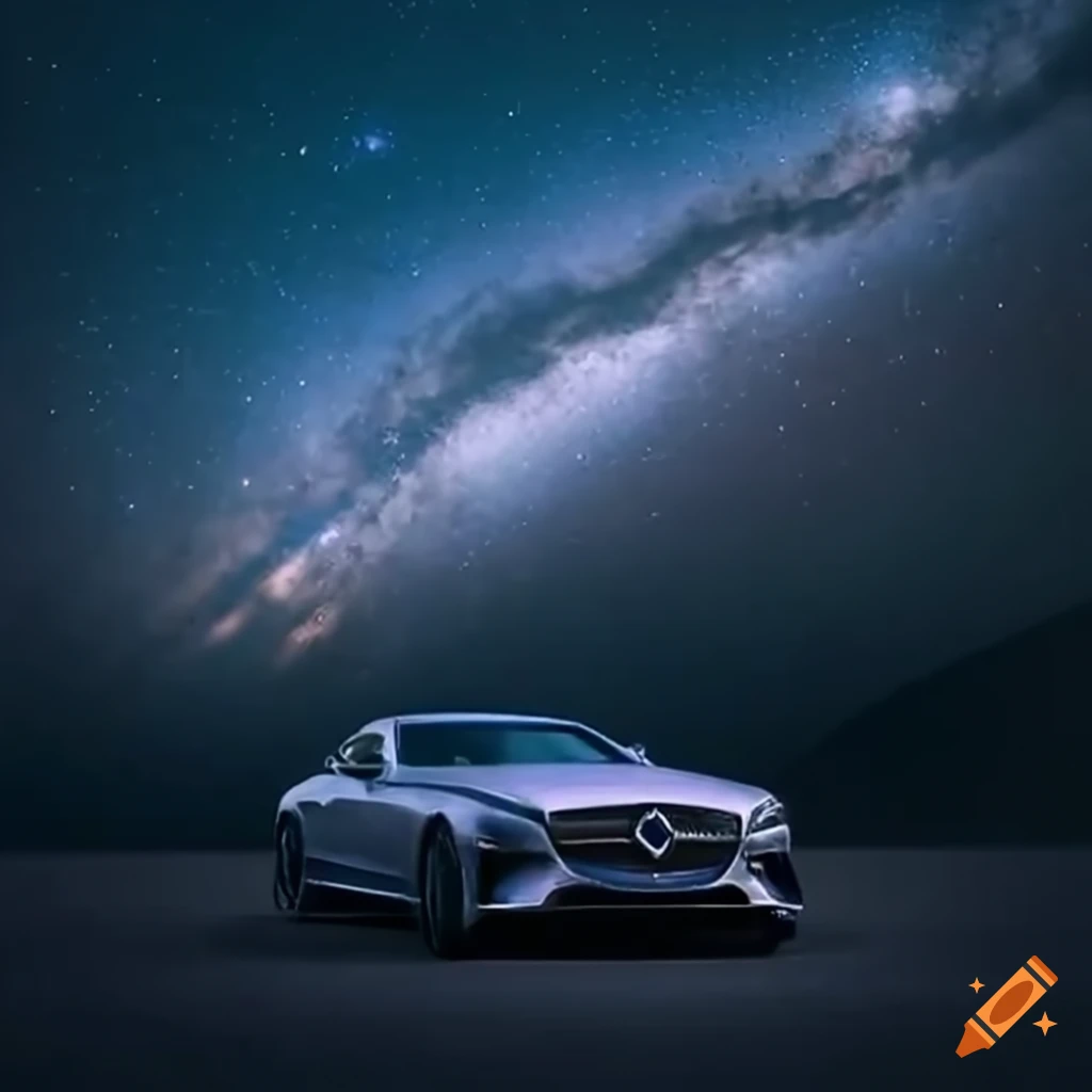Mercedes benz car under a starry sky with a shooting star