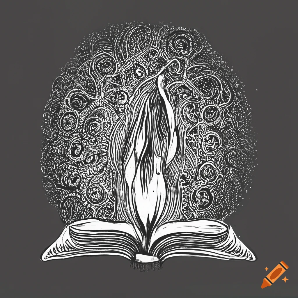 Outlined spell book with flame on white background on Craiyon