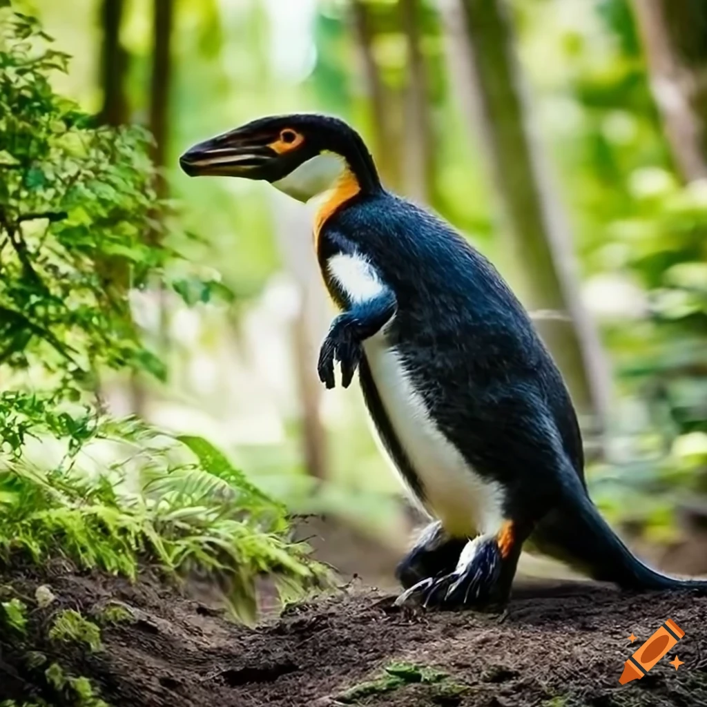Vibrant digital art of a velociraptor-penguin hybrid in a forest during ...