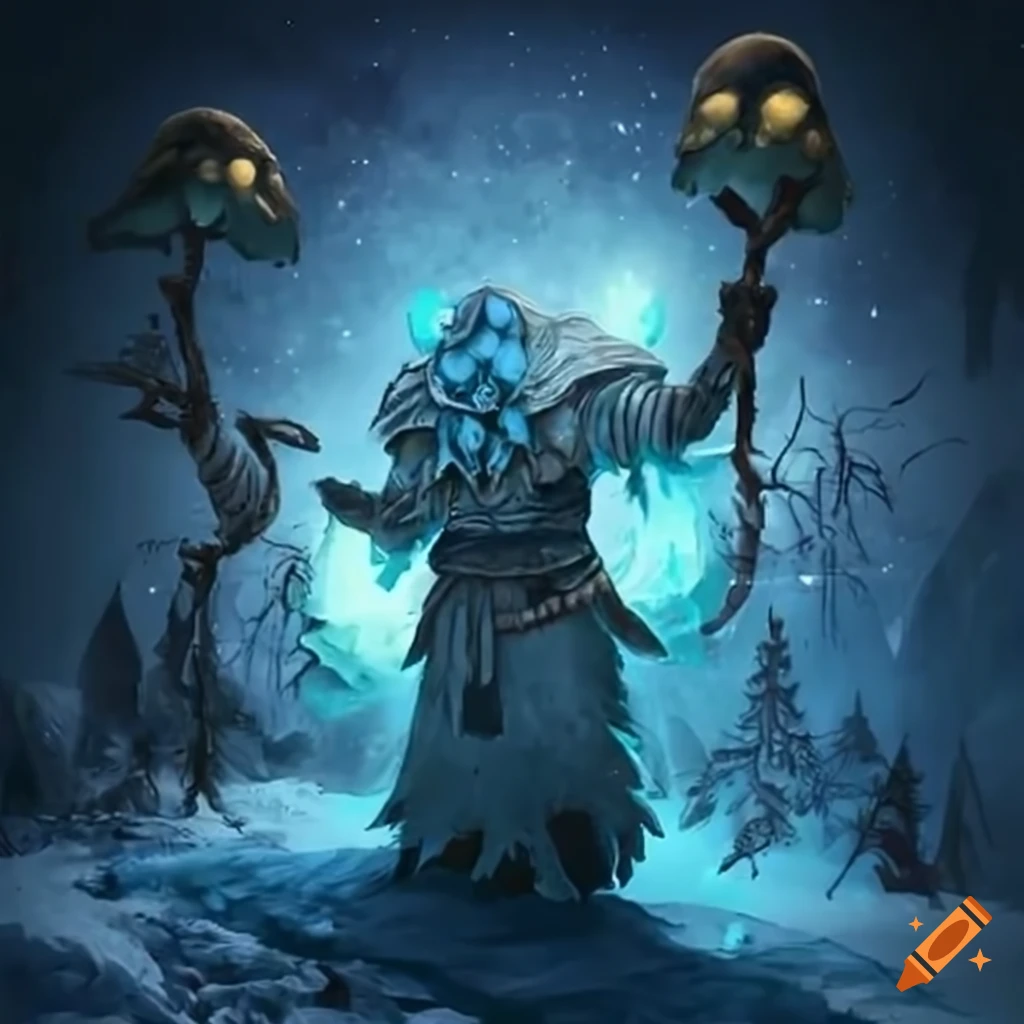 Ice-shaman summoning a giant mushroom warrior in a star-lit field on ...