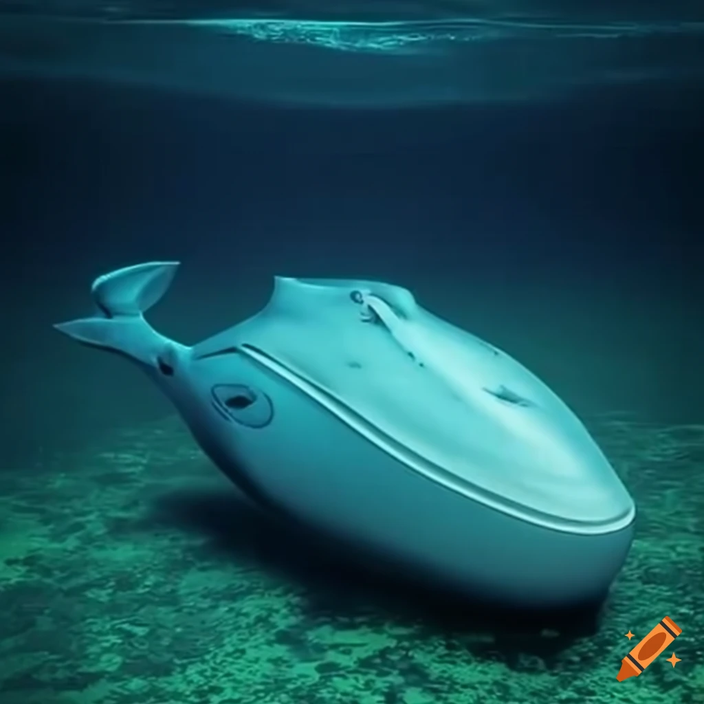 Futuristic whale-like watercraft collecting plastic waste in the sea on ...