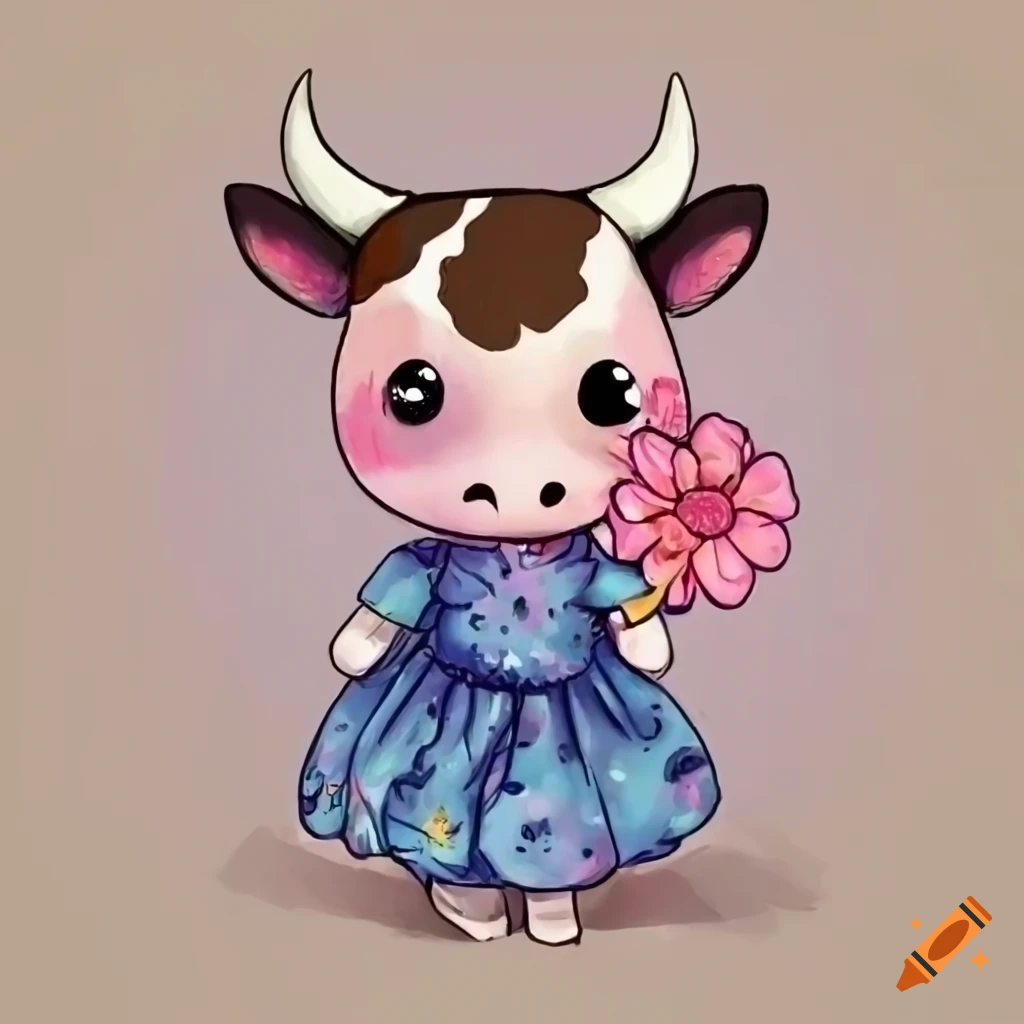 Chibi cow in a cute flower dress