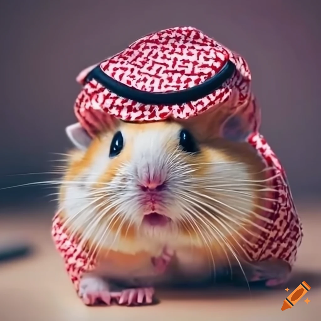 Hamster in Saudi Arabian outfit working in the office on Craiyon