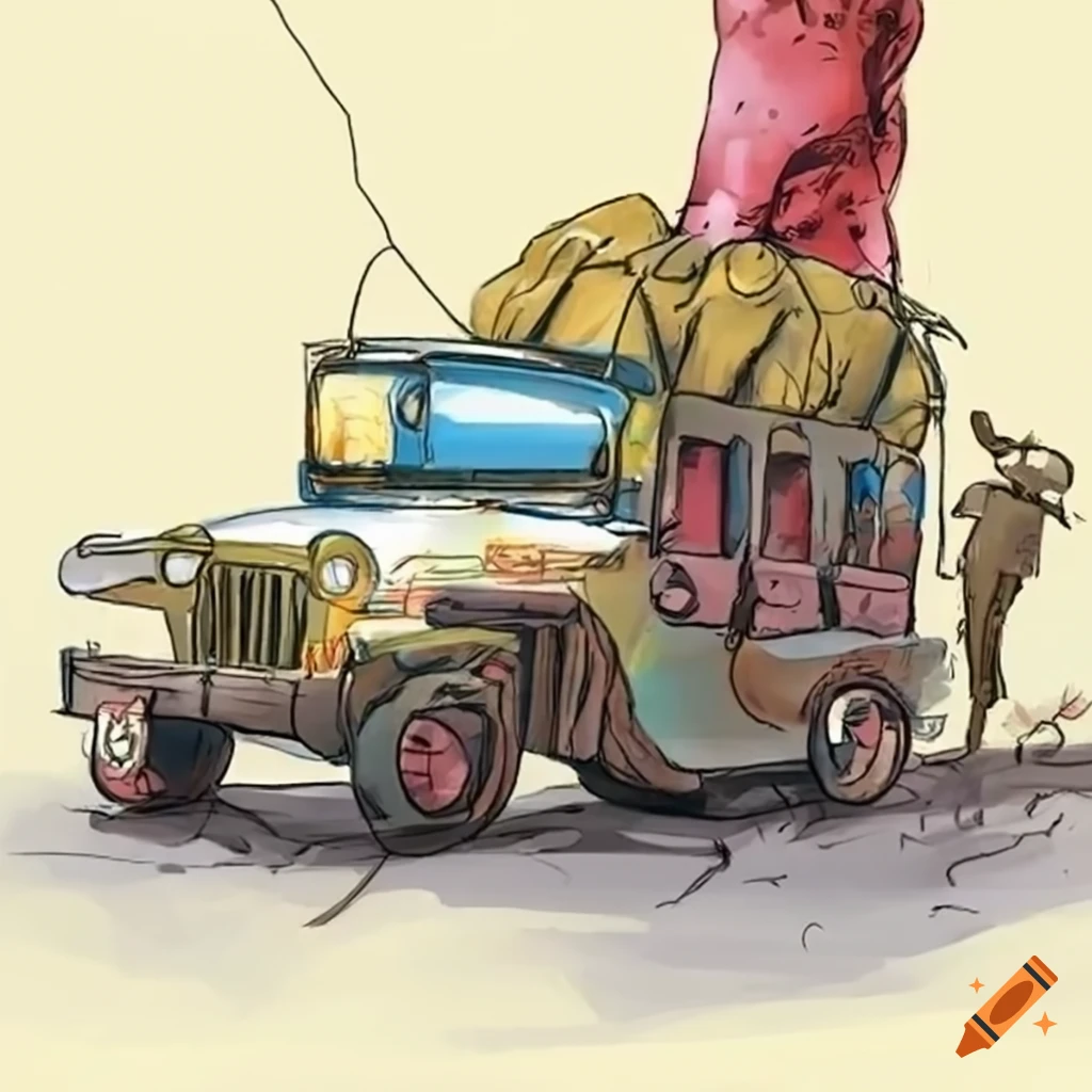 Editorial cartoon with crushed jeepney on Craiyon
