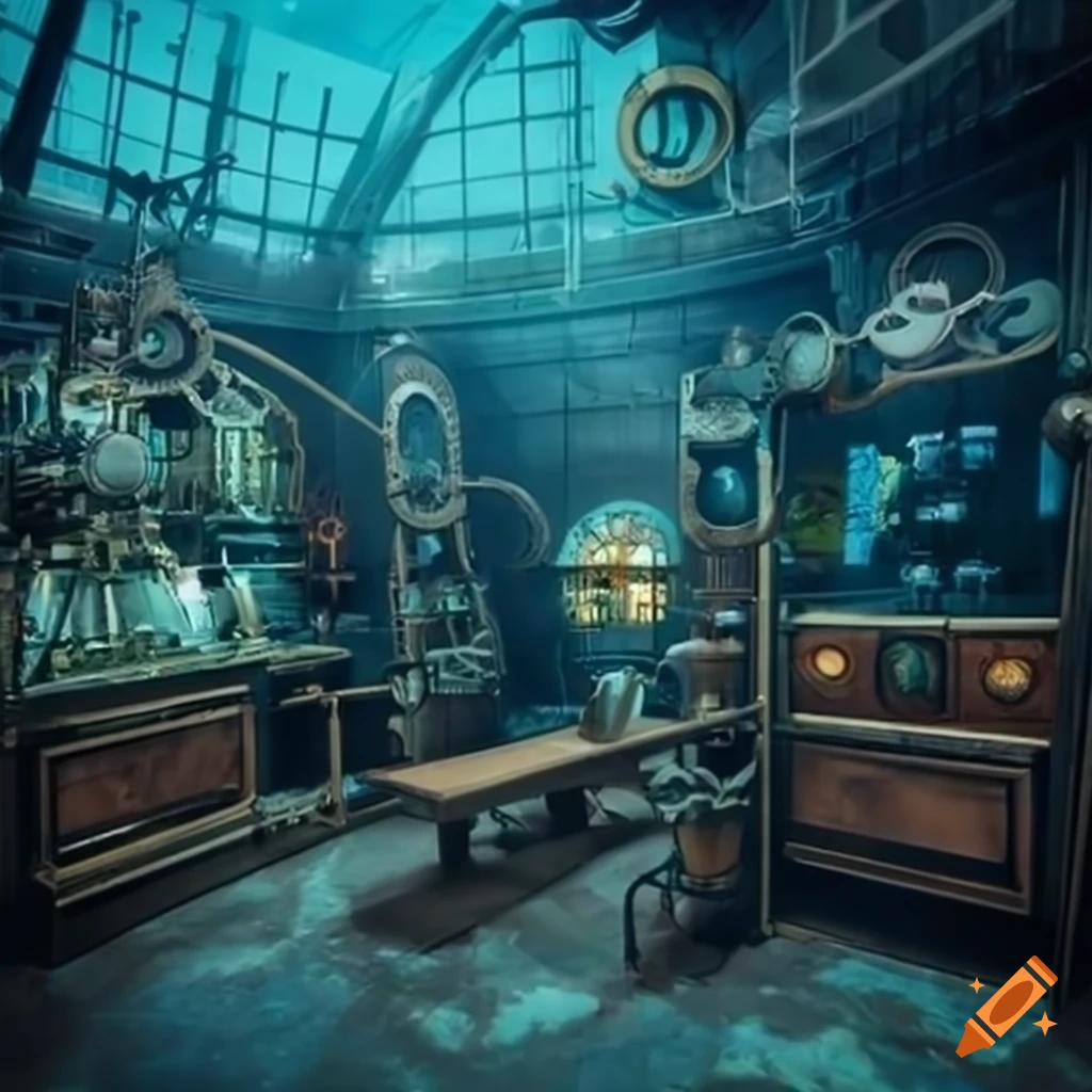 Steampunk laboratory in the ocean depths with a cosplay theme on Craiyon