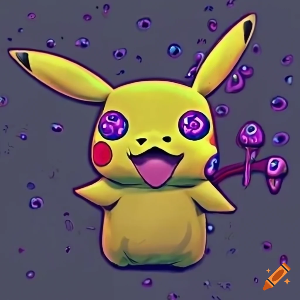 Psychedelic pikachu with mushrooms in a colorful artwork