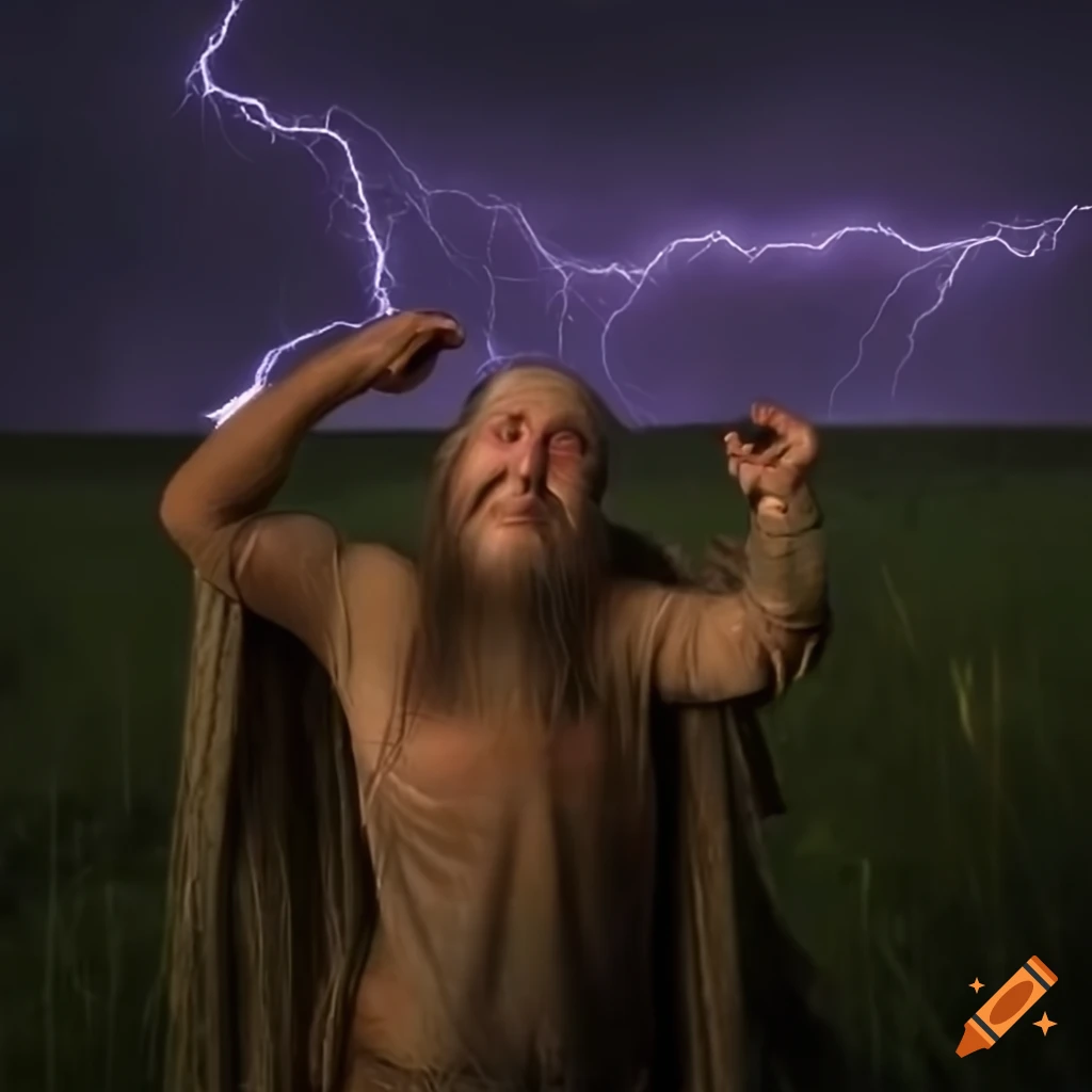 Smiling dwarf holding camera in a field of flowers with lightning in ...