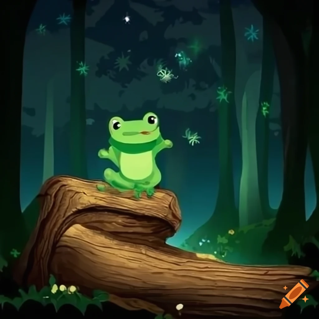 Two cute frogs on a log in an enchanted forest