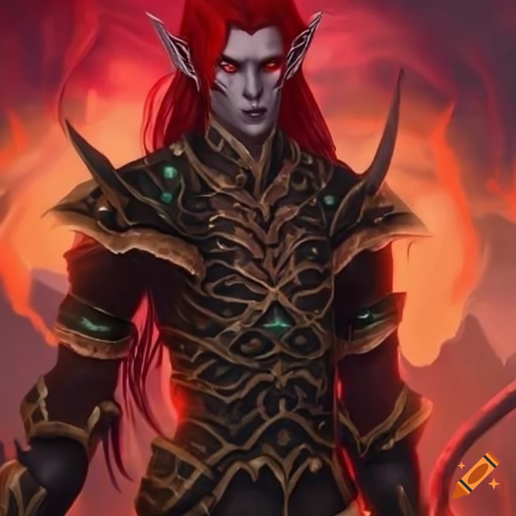 Tall high elf with dark skin, red eyes and neon hair on Craiyon