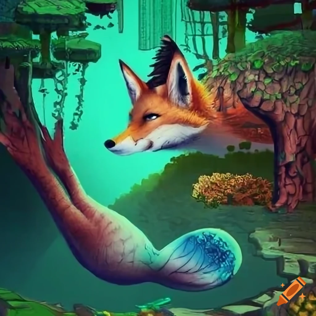 Lush Biopunk Cyborg Forest with a Cyborg Fox and Biopunk Mermaid, and a ...