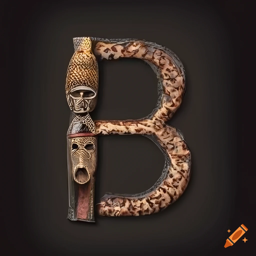 Uppercase letter R engraved with African masks on white background on ...