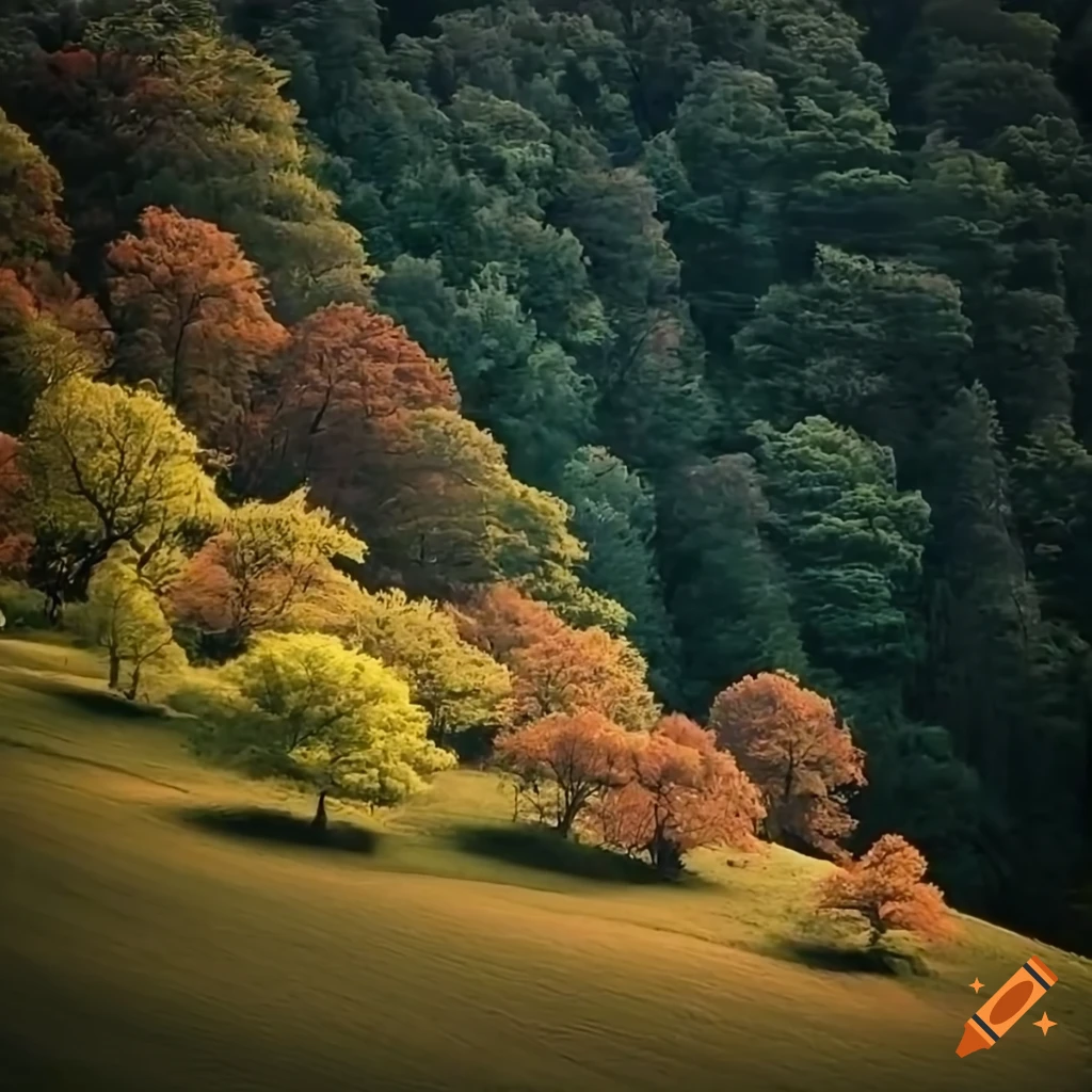 Line of oak trees on a cliff overlooking a field on Craiyon