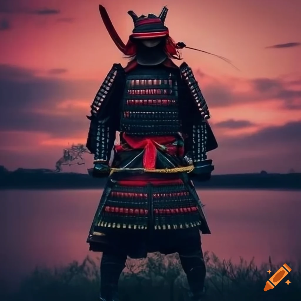 Japanese samurai with red rose motifs standing by the river