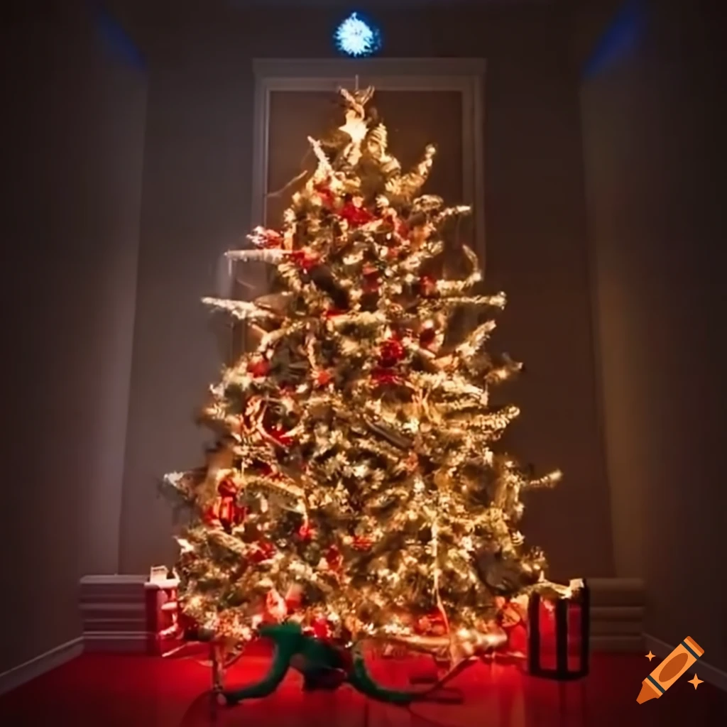 Lit christmas tree with fire protection sprinkler system