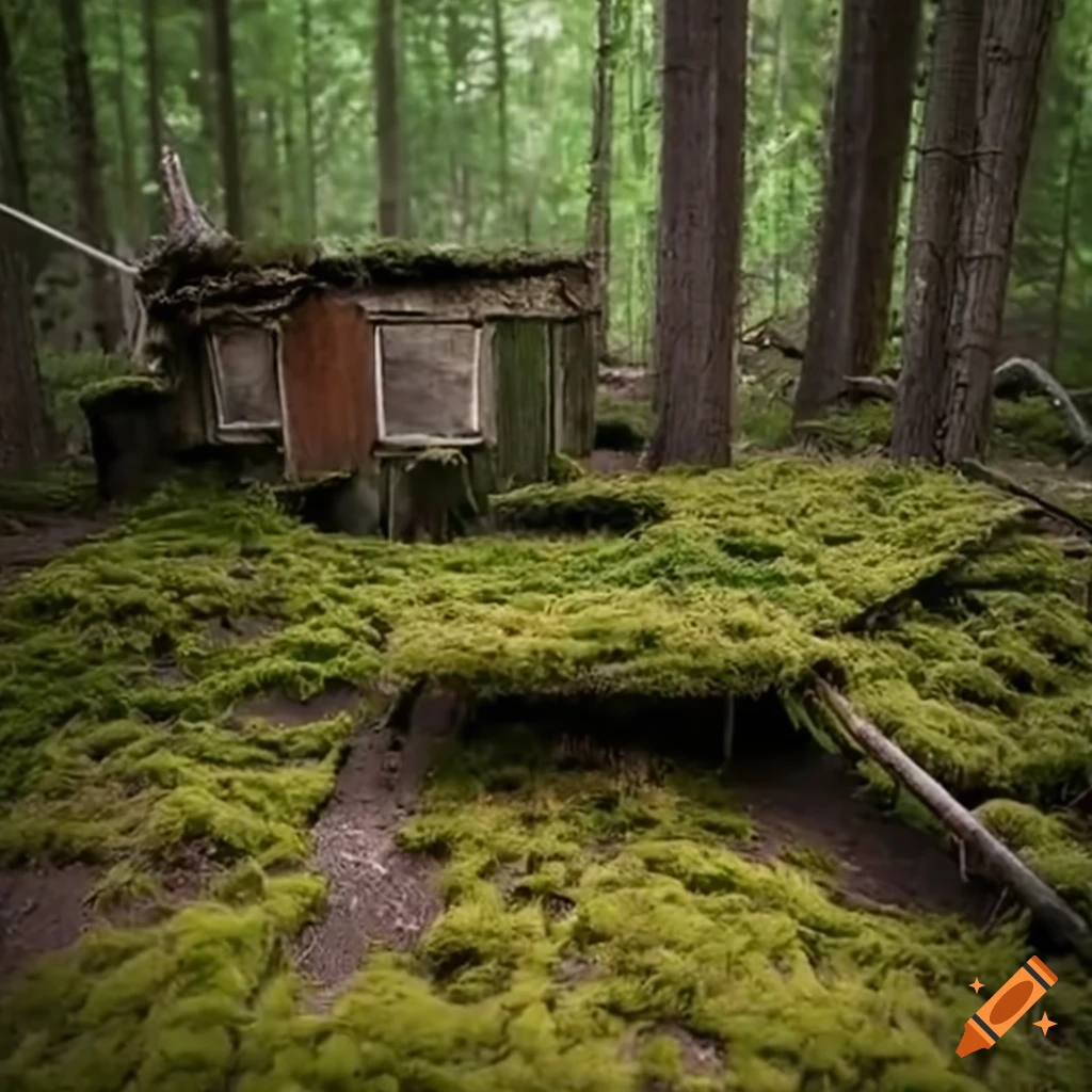 Moss overtaking a crumbled house in a deserted forest on Craiyon