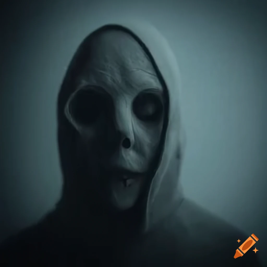 Eerie haunting figure wearing a mask emerging from the mist