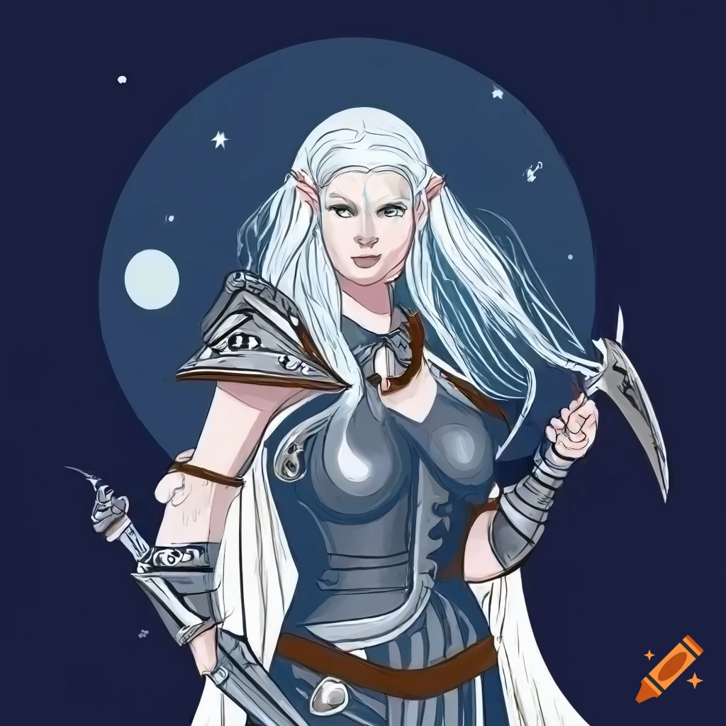 White haired moon elf cleric in plate armor with a moon shaped scythe ...