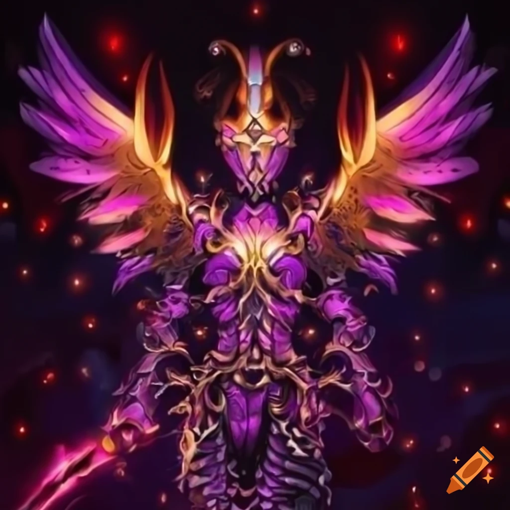 Elaborate dragon armor with metallic wings surrounded by purple and ...