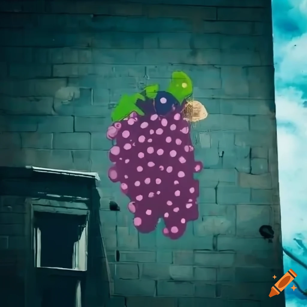 Surrealist grapes street graffiti in a landscape