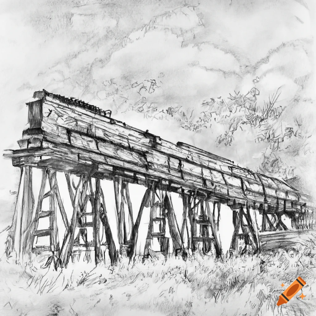 Black and white pencil drawing of tall wooden train trestle over a field