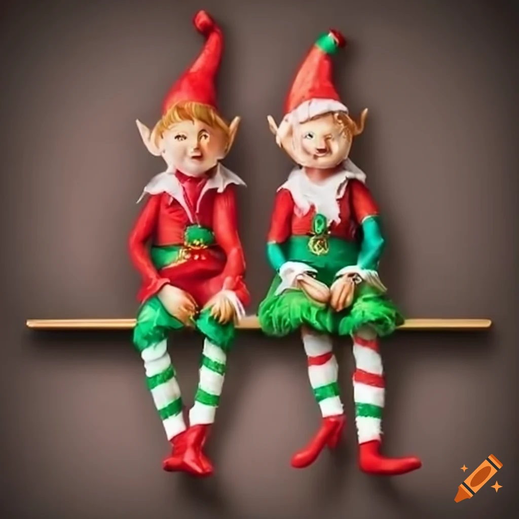 Two Happy Elves Sitting On A Shelf