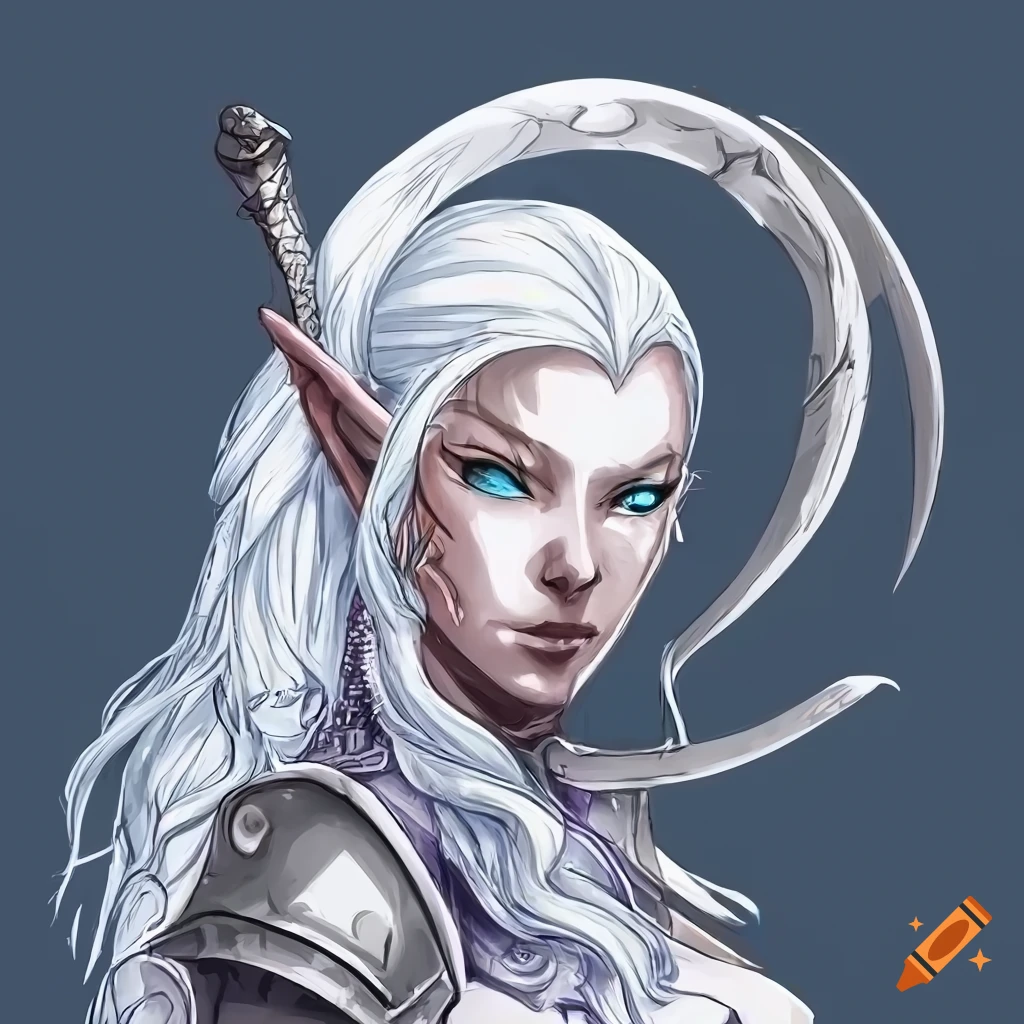 White haired moon elf cleric in plate armor with a moon shaped scythe ...