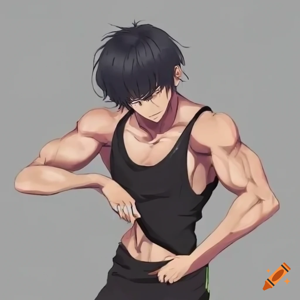 Muscular and tall anime boy in a black tank top on Craiyon