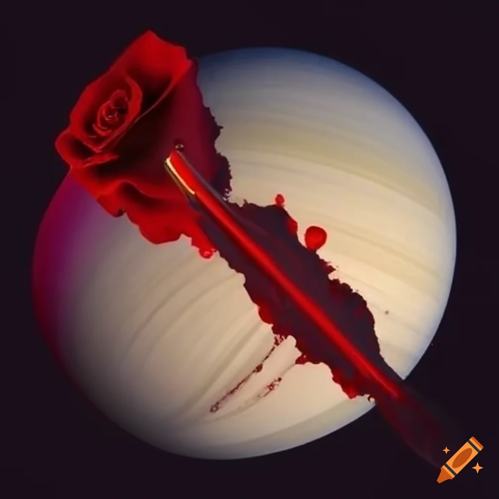Saturn with a red rose-like ring in a dark and surreal atmosphere on ...