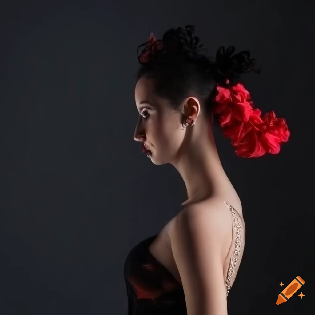 Young flamenco dancer woman in open back dress with ponytail on Craiyon