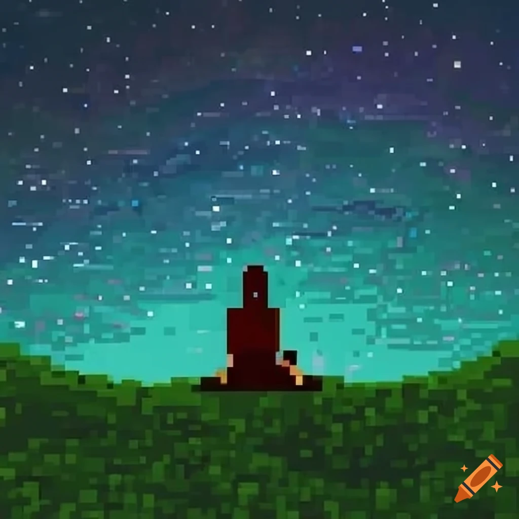 Pixel art of person sitting on green hill watching stars fly by