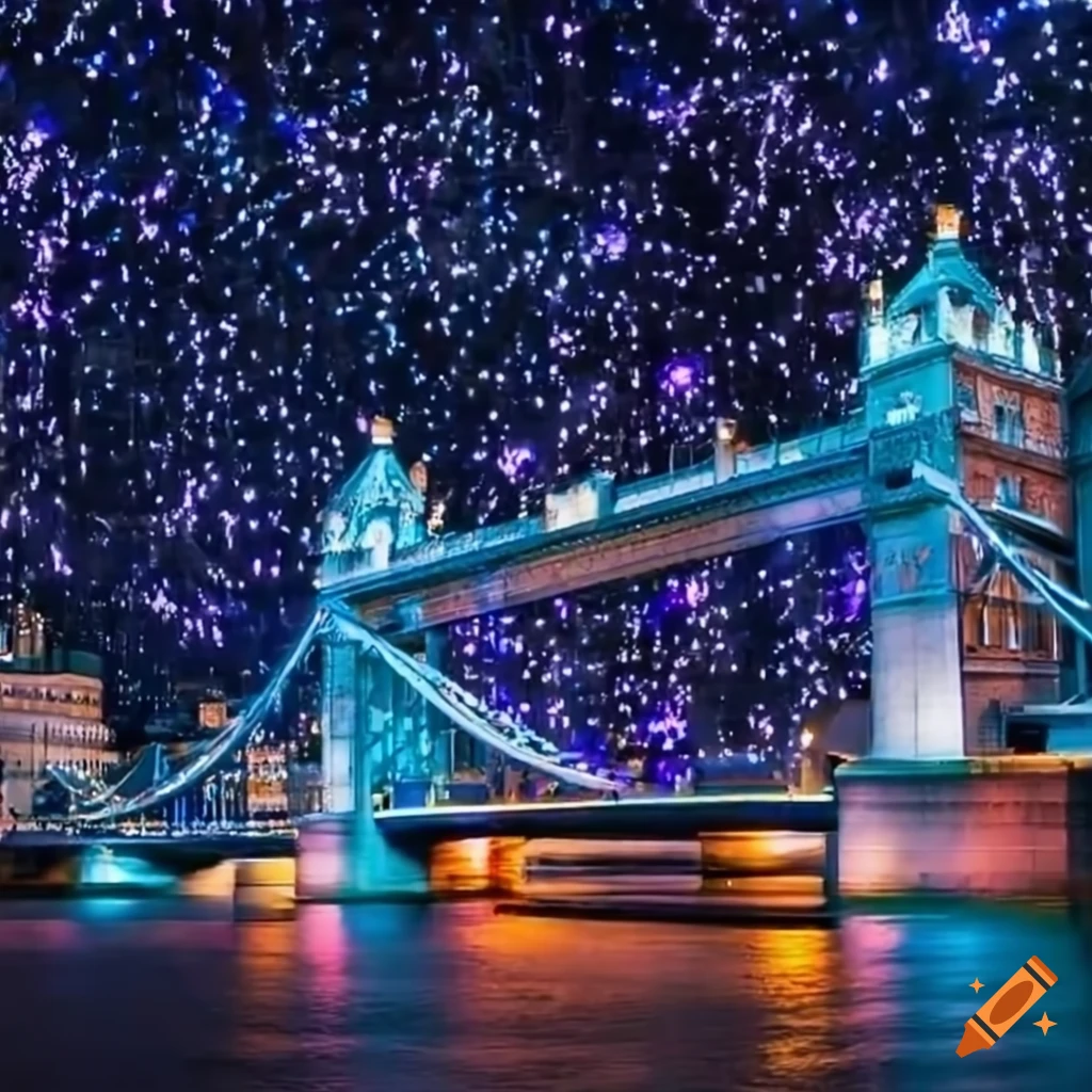 London bridge with festive lights at midnight on Craiyon