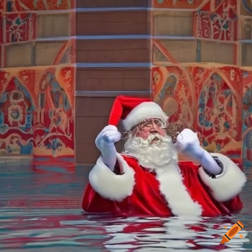 Santa Claus on the starting block ready to dive into the pool in a ...