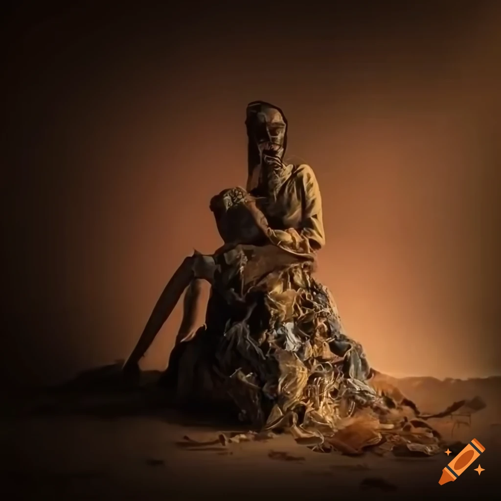 Distorted figure caught in a web of junk garbage in a dramatic ...