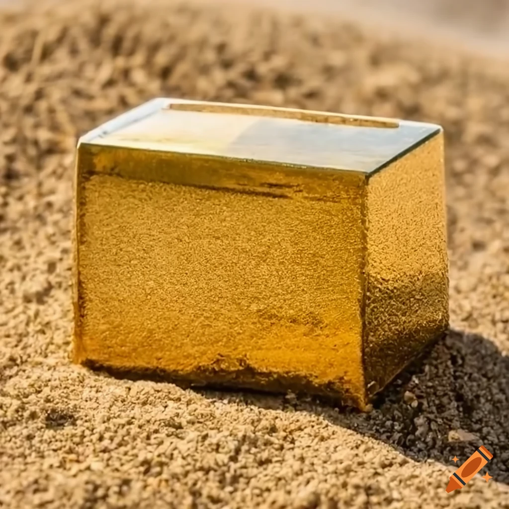 Golden tetris block in the sand in 8k resolution