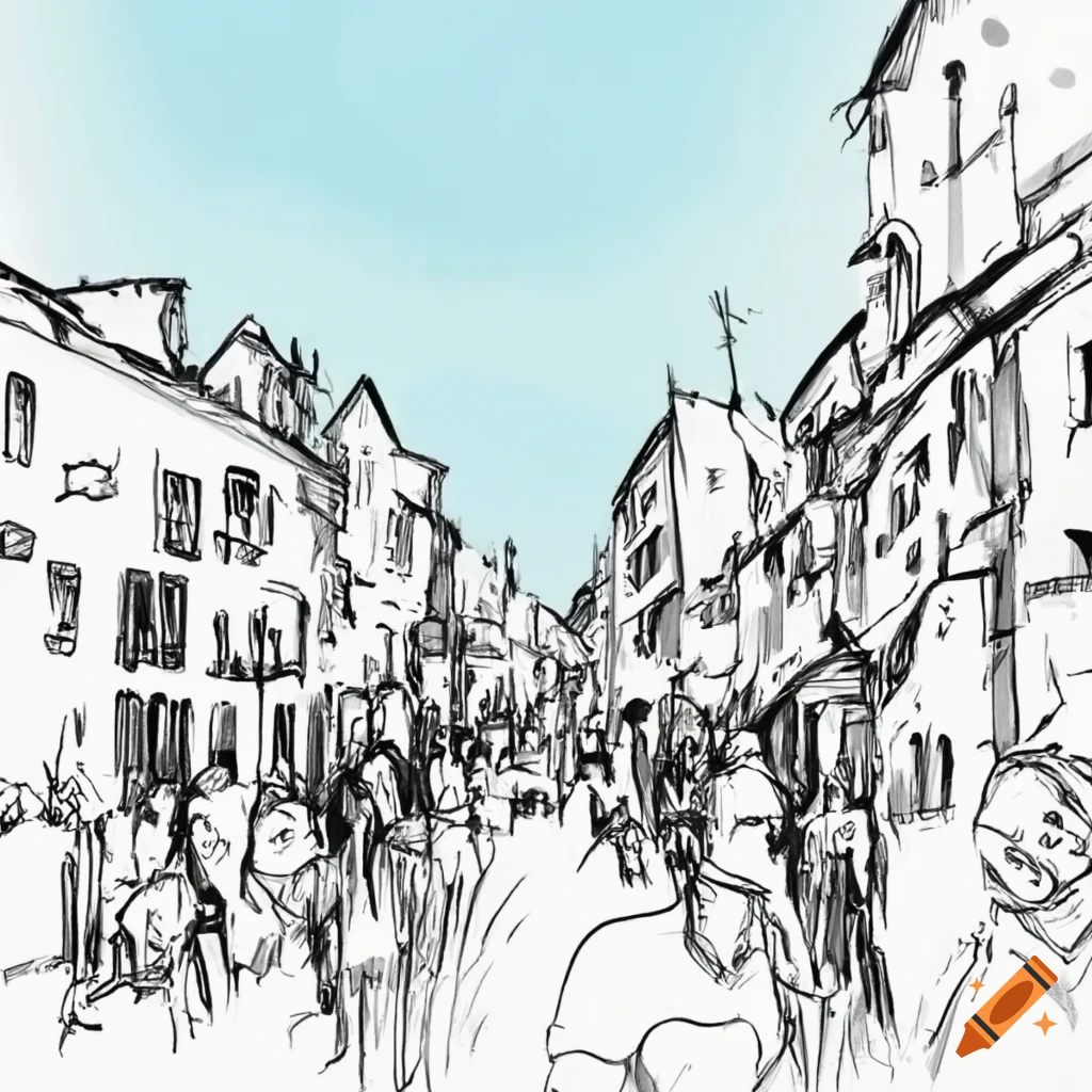 Third-person perspective of a crowd looking at a village