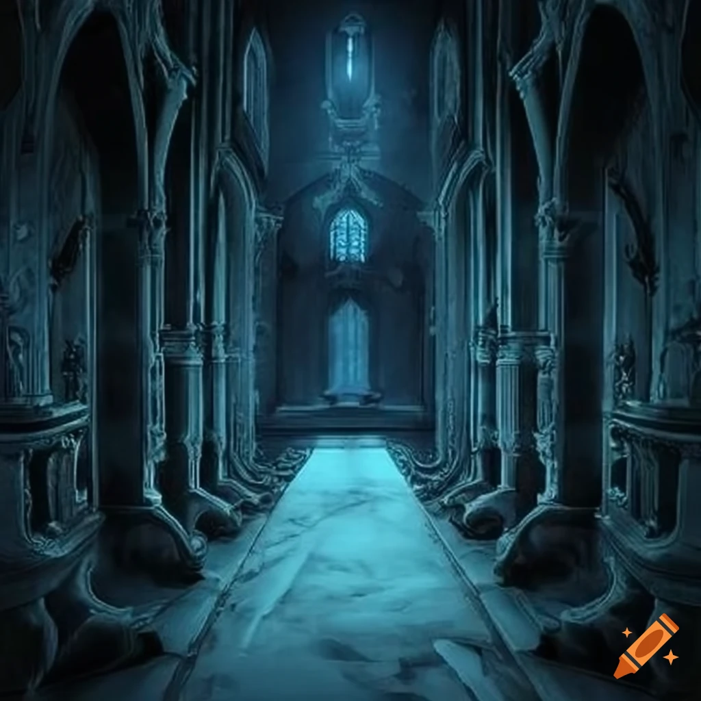 Dark fantasy castle interior corridor with blue lighting on Craiyon