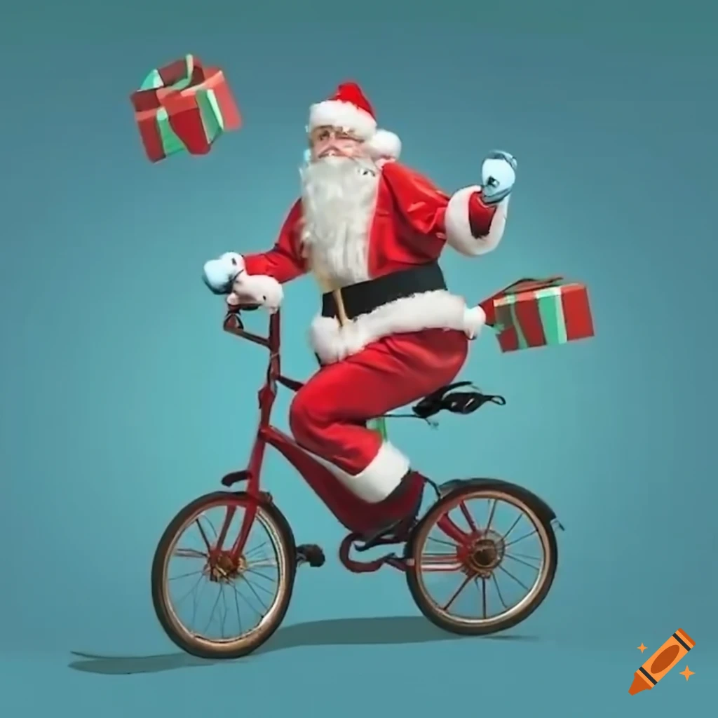 Santa claus riding a bike and throwing presents