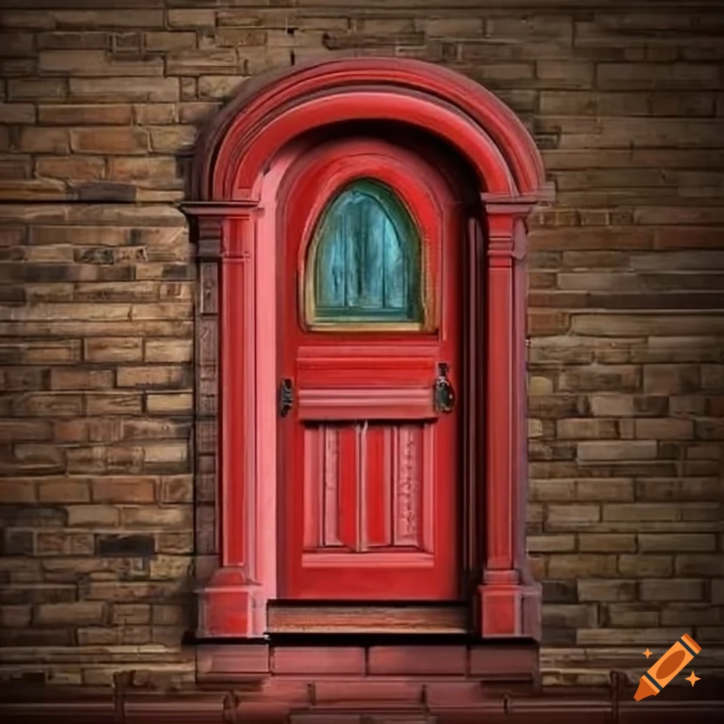 Photo realistic image of a red arched Victorian era door in a brick ...