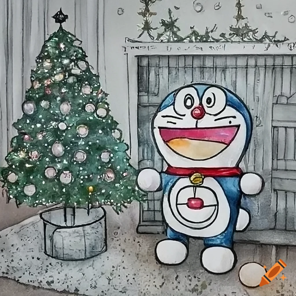 Doraemon playing in a room with a decorated christmas tree in the ...