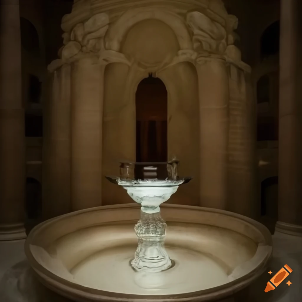 Baptismal font with water in glass basin surrounded by Ionic style ...