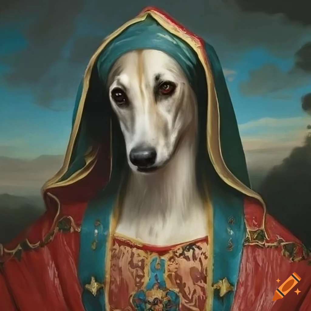 Saluki dog dressed as the virgin mary in a historical painting