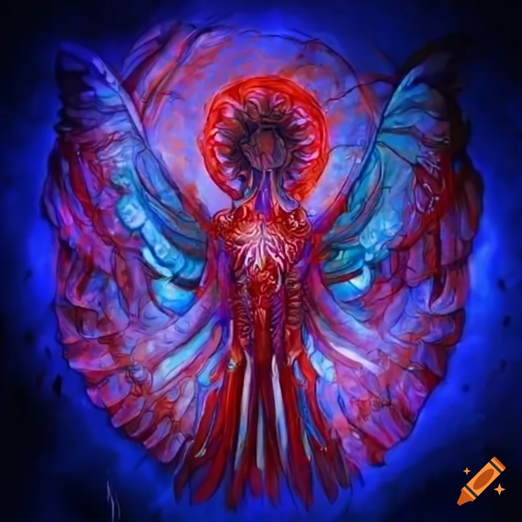 Seraphim in red and blue with biblical accuracy on Craiyon