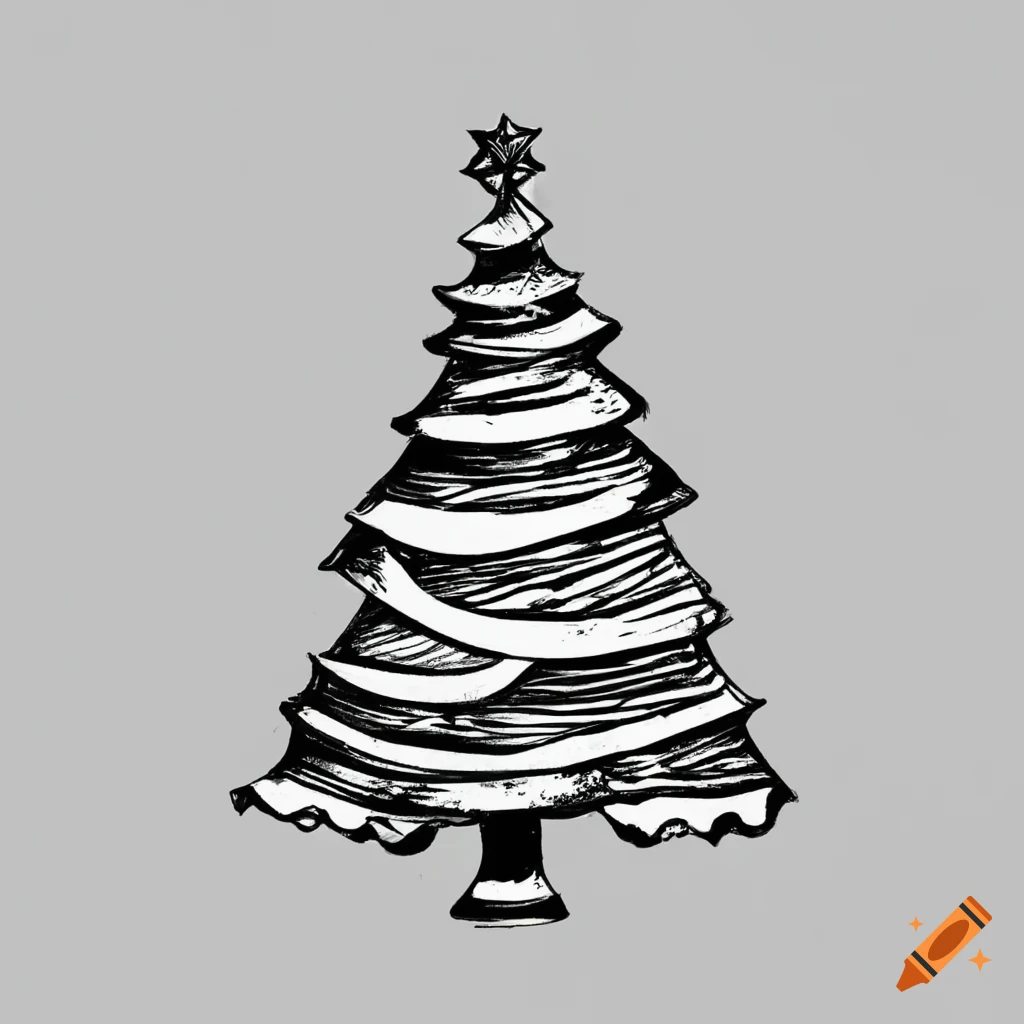Retro grayscale doodle drawing of a christmas tree on Craiyon