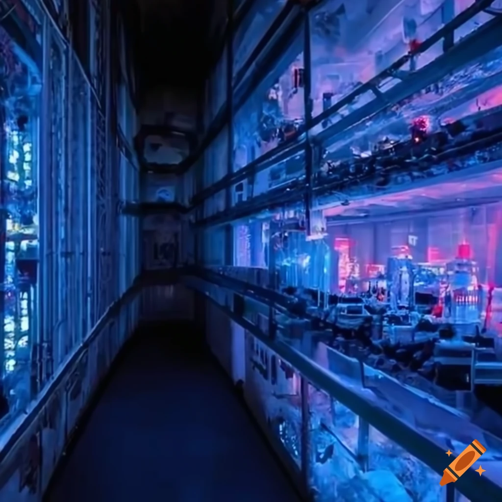 Futuristic underground laboratory with holiday decorations